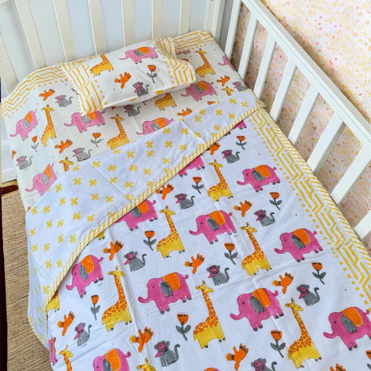 Animals Cot Set- Blockprint (1 dohar, 1 cot sheet, 1 pillow case ...