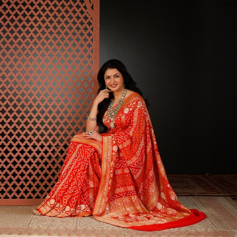Radiant Orange Handloom Pure Banarsi Georgette Rai Bandhani Saree ...