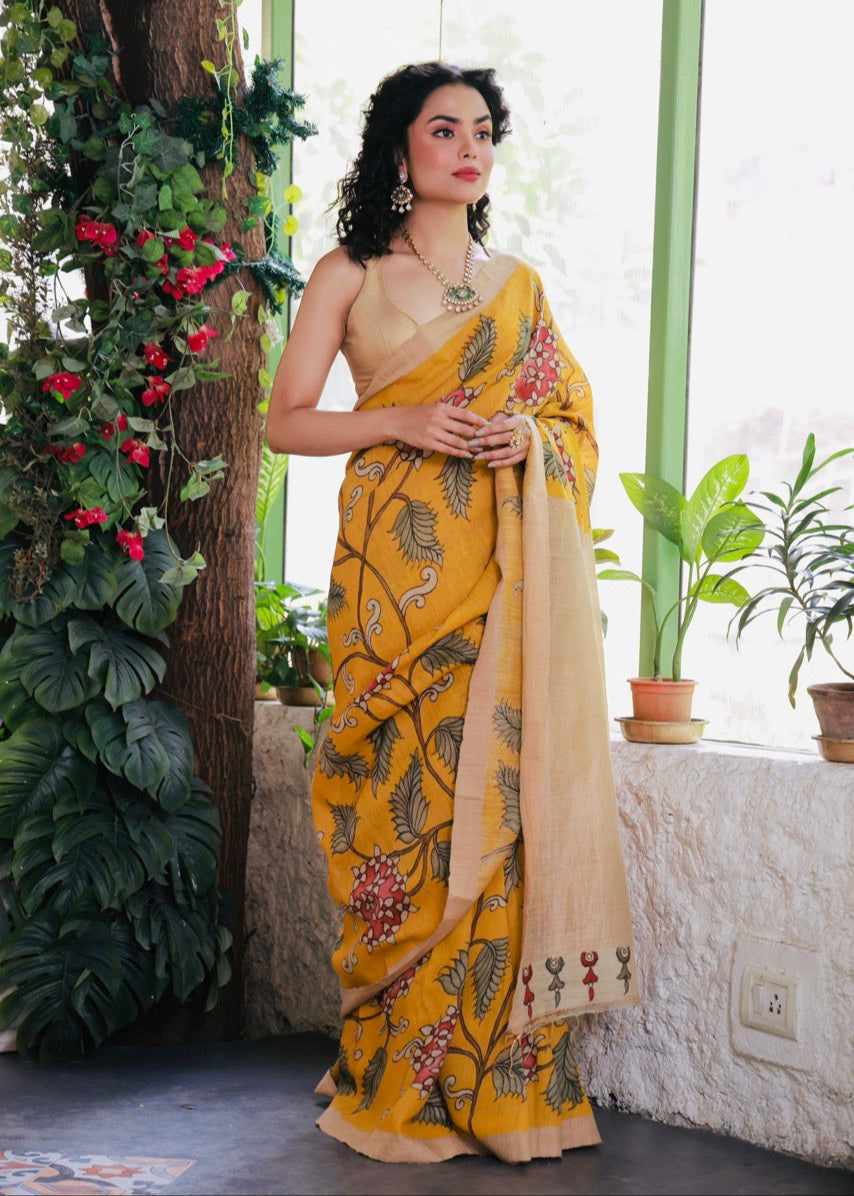 Handloom Matka Silk Floral Kalamkari Saree In Kesari Colour – Kapaas Katha