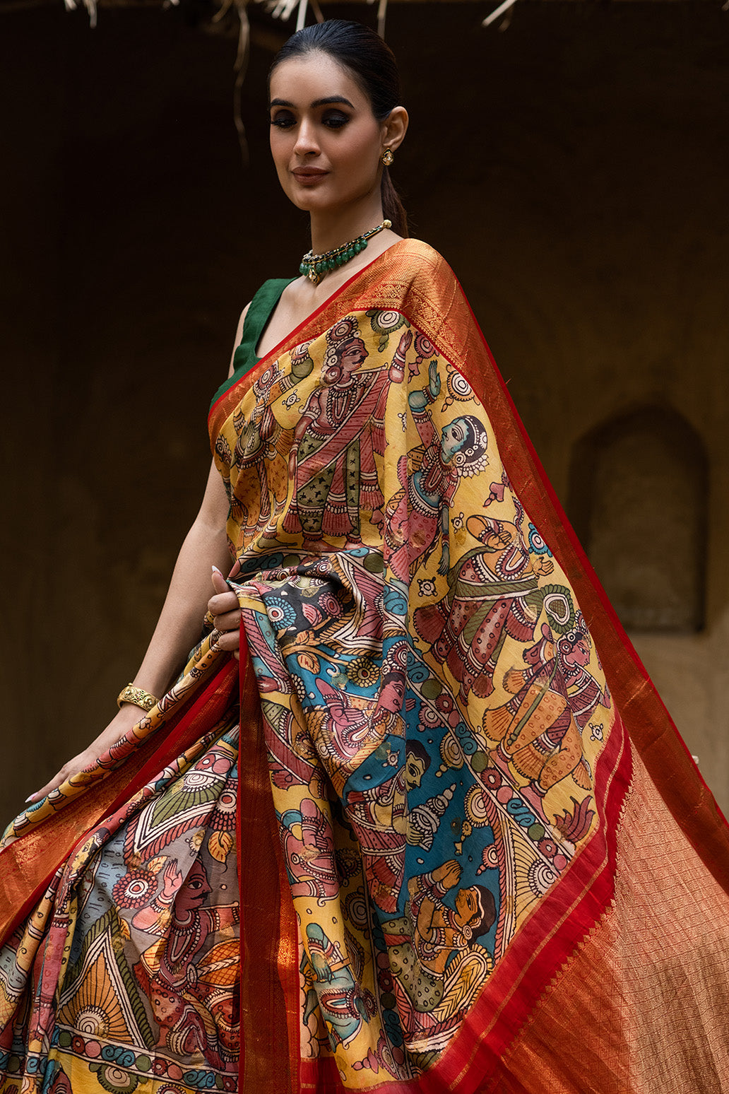 Indian Mythological Theme Pure Kanjivaram Silk Kalamkari Saree – Kapaas ...