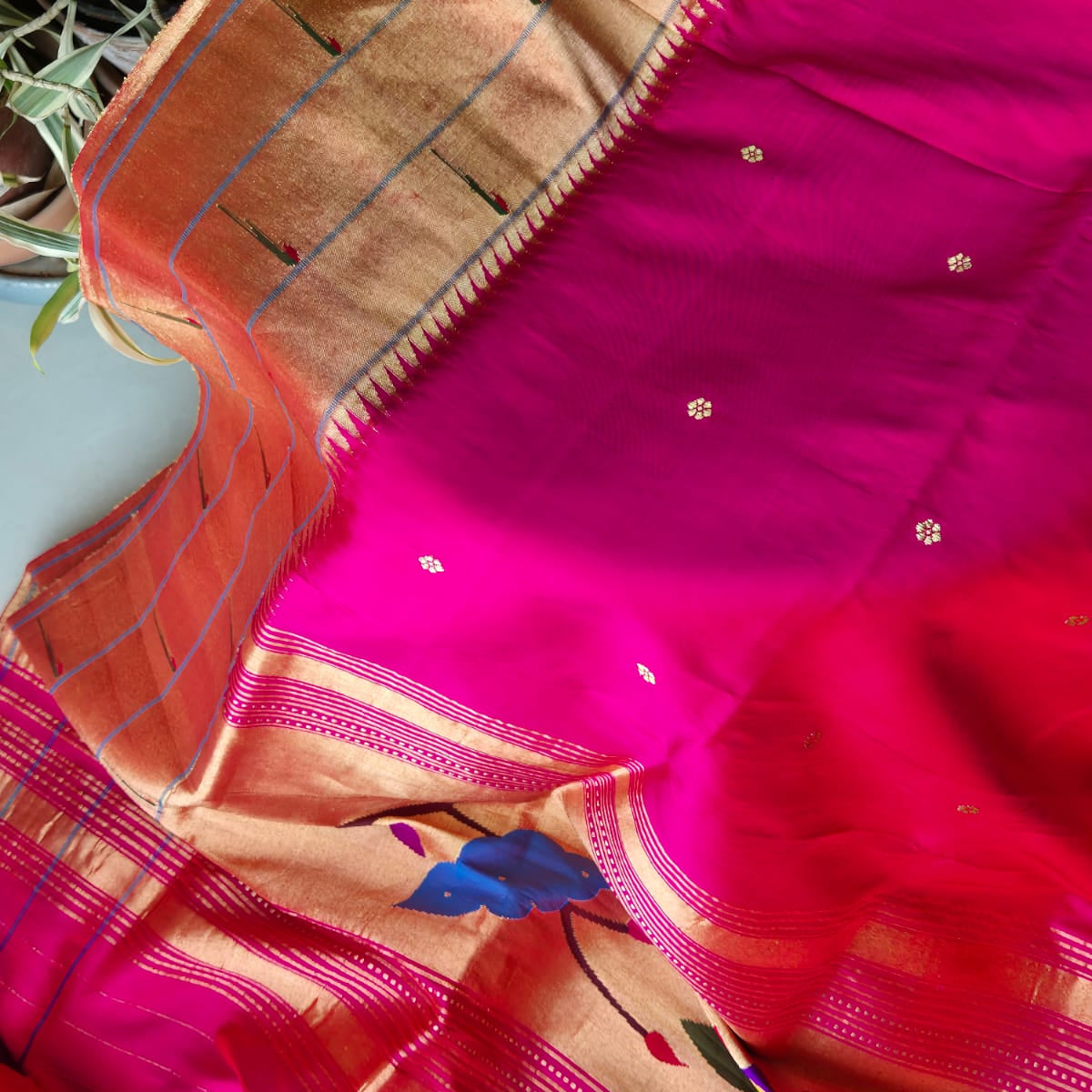 Parrot Theme Magenta Handloom Silk Paithani Dupatta With Triple Muniya ...
